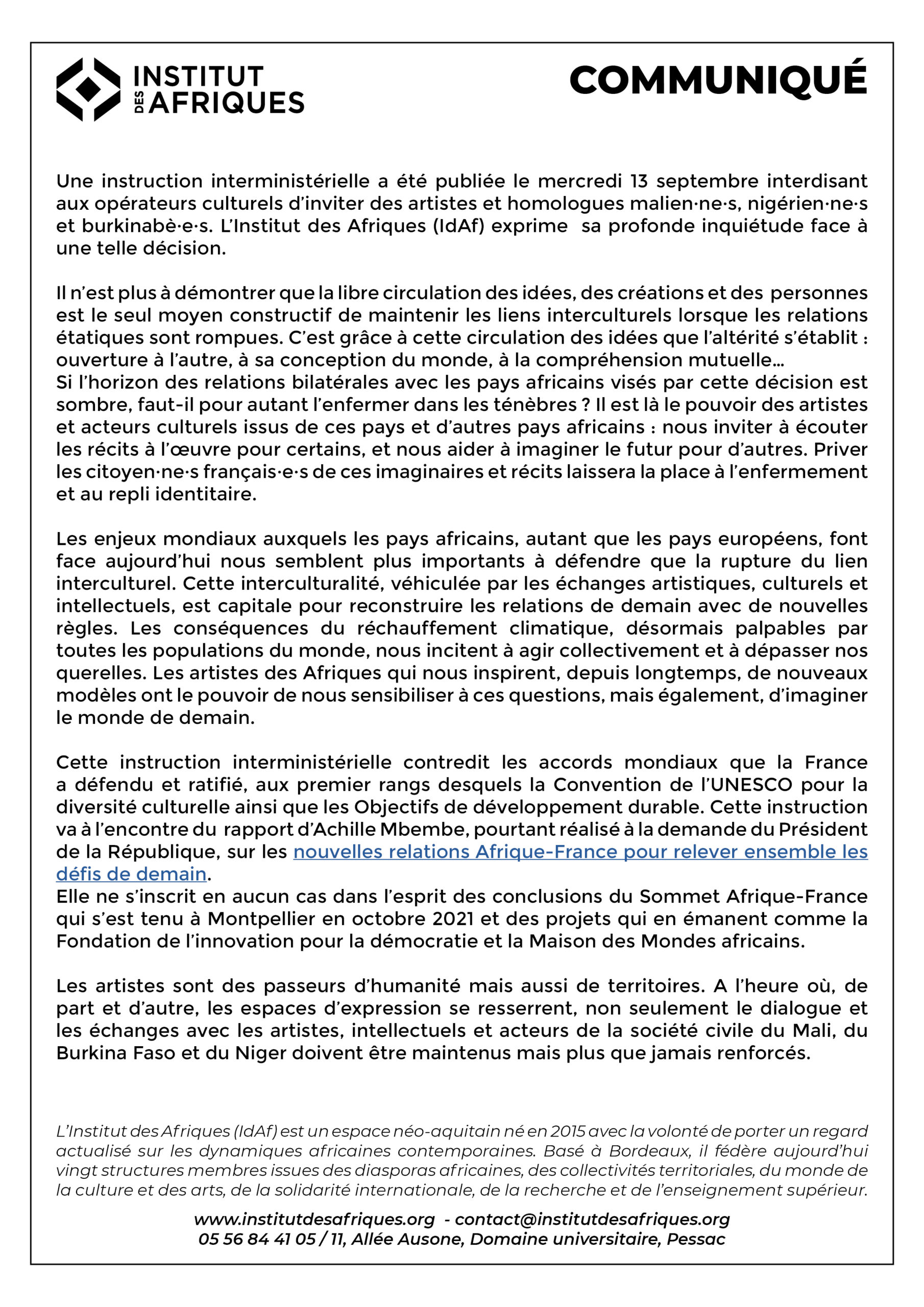 Communiqué - Institut des Afriques